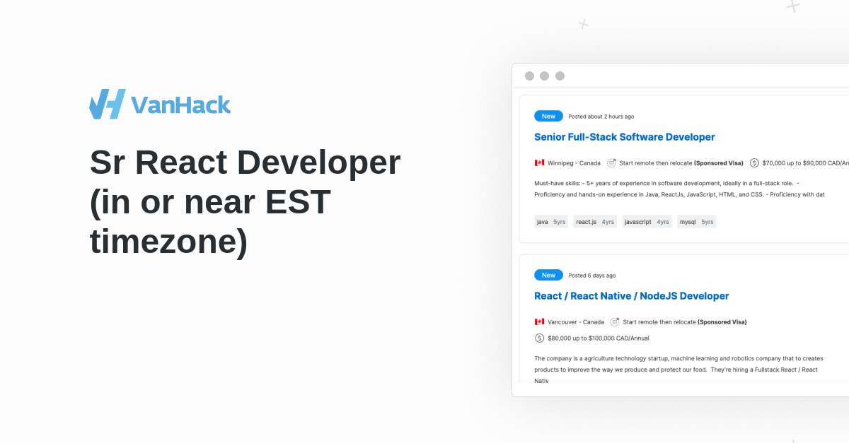 Sr React Developer (in or near EST timezone) - VanHack